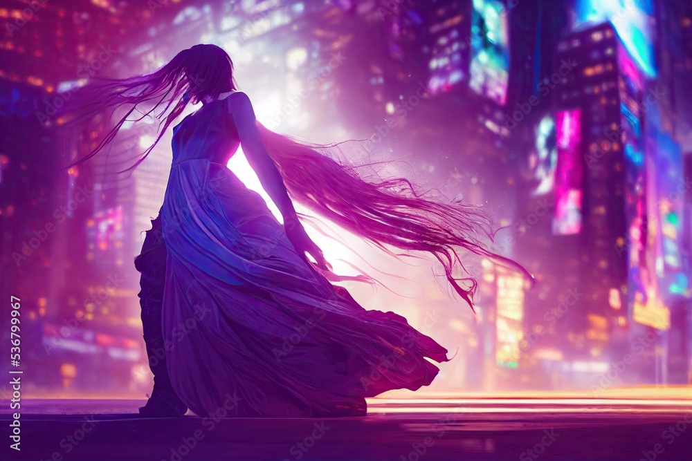 ภาพประกอบสต็อก Silhouette of cyberpunk girl in a dress in front of the ...