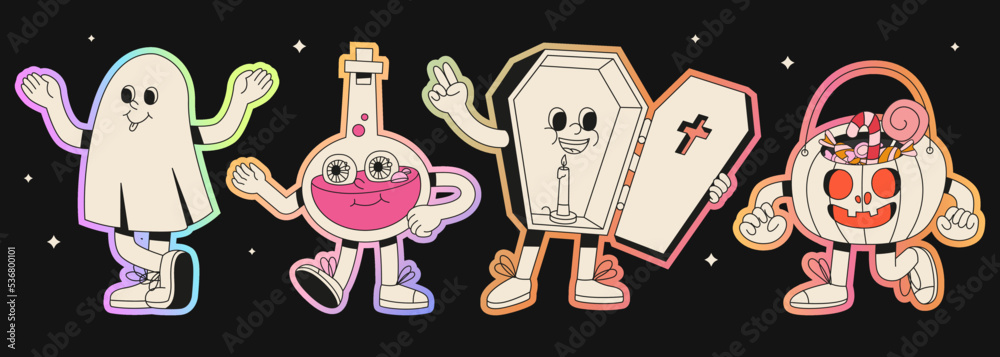 Flat vector illustration with a collection of retro 70s characters ...