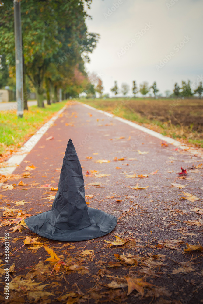 Black witch hat abandoned on a red road with autumn fallen leaves on a ...