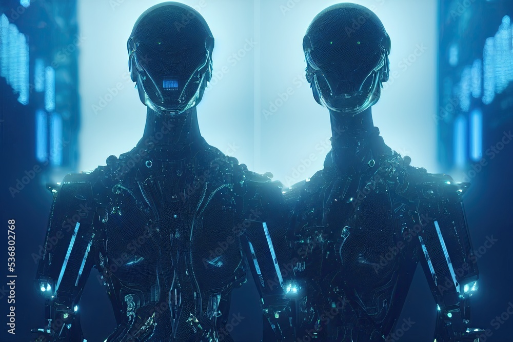 Poster Portrait of two cyberpunk robots in front of night skyscrapers ...