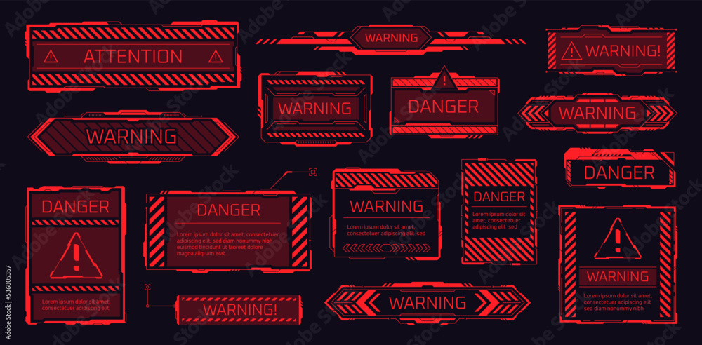 Hud danger frames. Dangerous banner cyber box, pollution alert ...