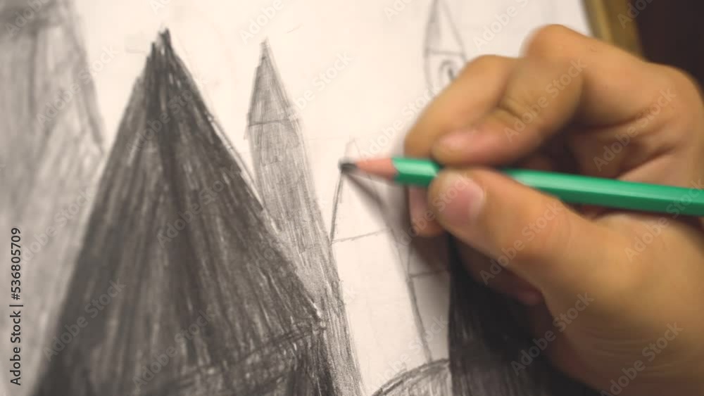 Hatching with a pencil. Landscape drawing by a child's hand. Freehand ...