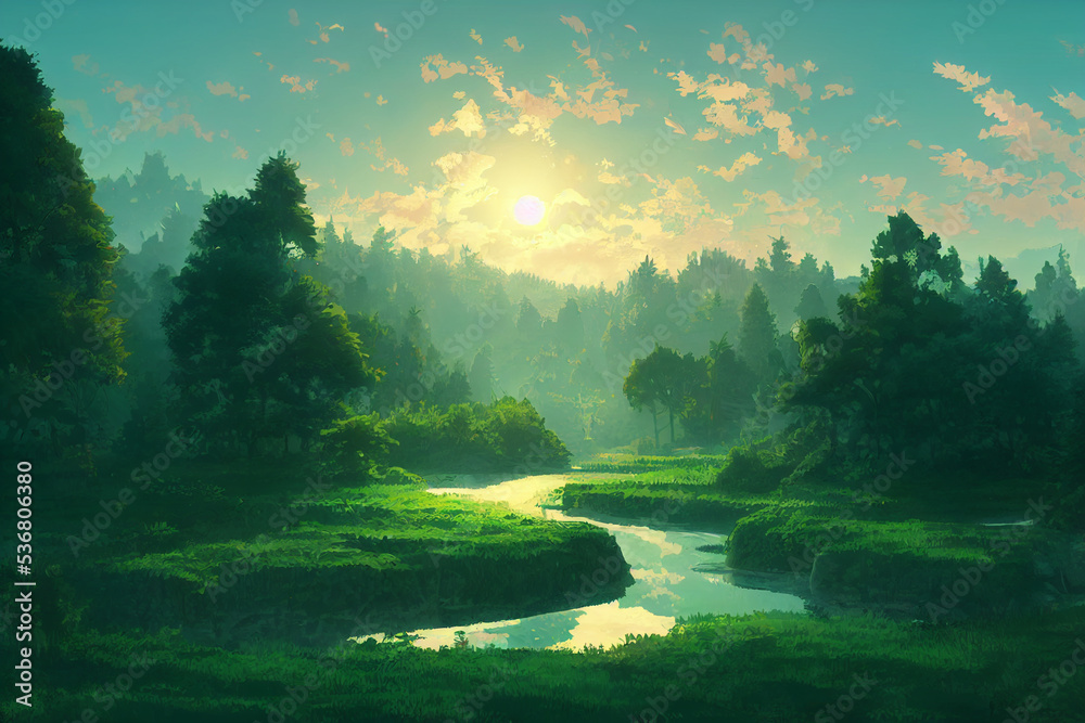 Beautiful Environment Nature Illustration in Anime Art Style Background ...