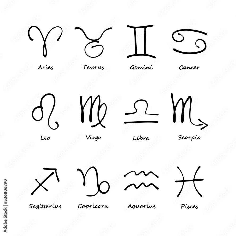 Twelve zodiac signs black vector illustrations set. Fine hand drawn ...