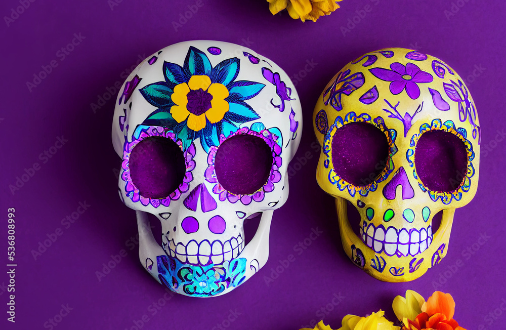 Calaveras de día de muerto, decoradas y pintadas, flores de adorno ...