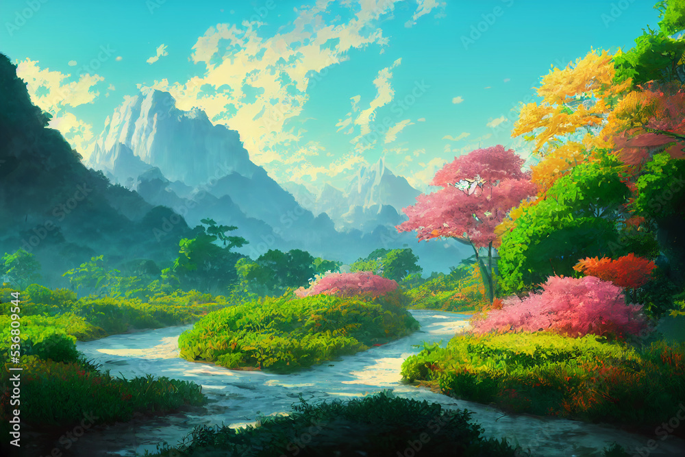 Beautiful Environment Nature Illustration in Anime Art Style Background ...