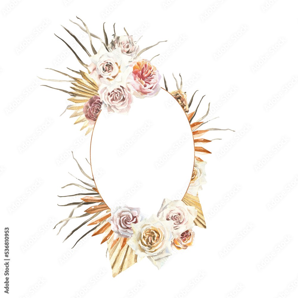 Boho floral frame. Gold, bronze, oval,round wreath. English roses, palm ...