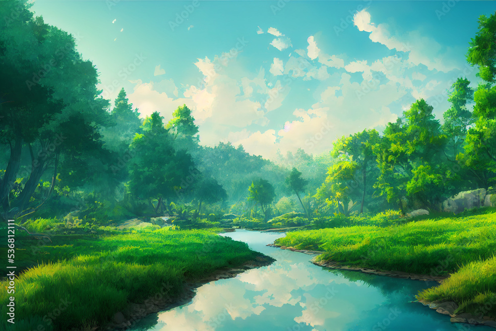 Beautiful Environment Nature Illustration in Anime Art Style Background ...