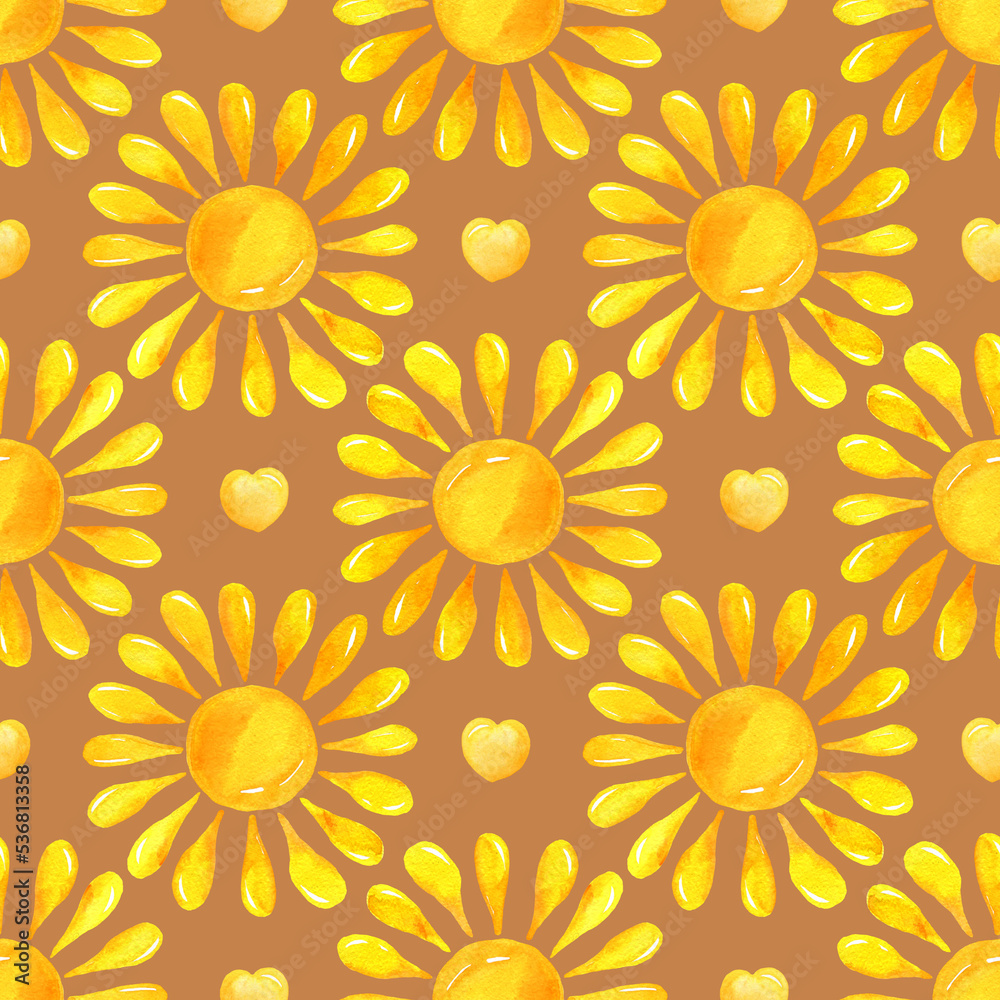 Watercolor summer yellow sun seamless pattern. Hand drawn cute ...