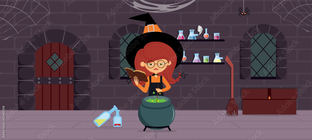 Vector illustration of horror castle interior witch rooms. Cartoon ...