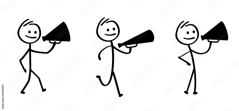 Cartoon stickman, stick figure man speaking in to the megaphone ...