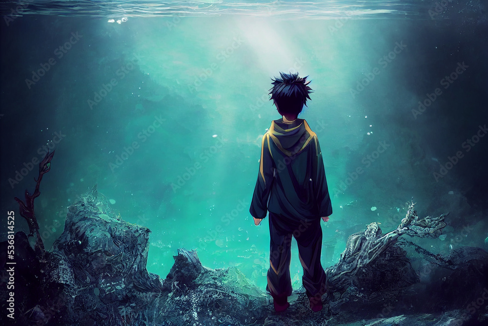 Boy Under Water Fantasy Concept Art Anime Style Stock Illustration ...