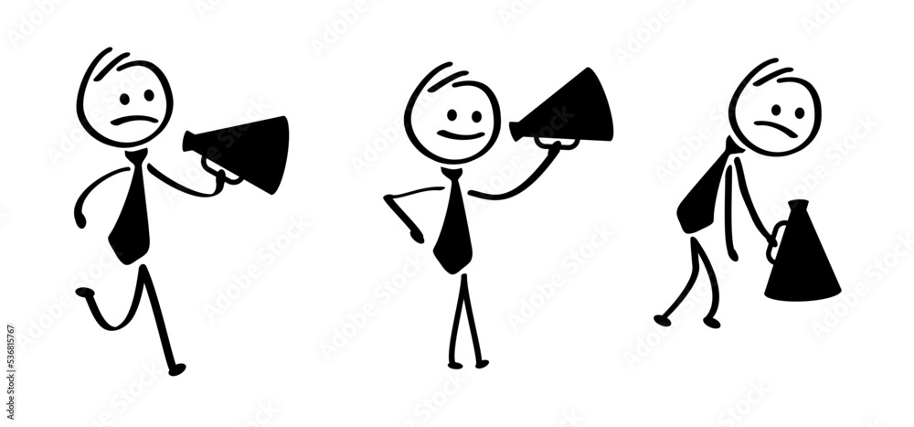 Cartoon stickman, stick figure man speaking in to the megaphone ...