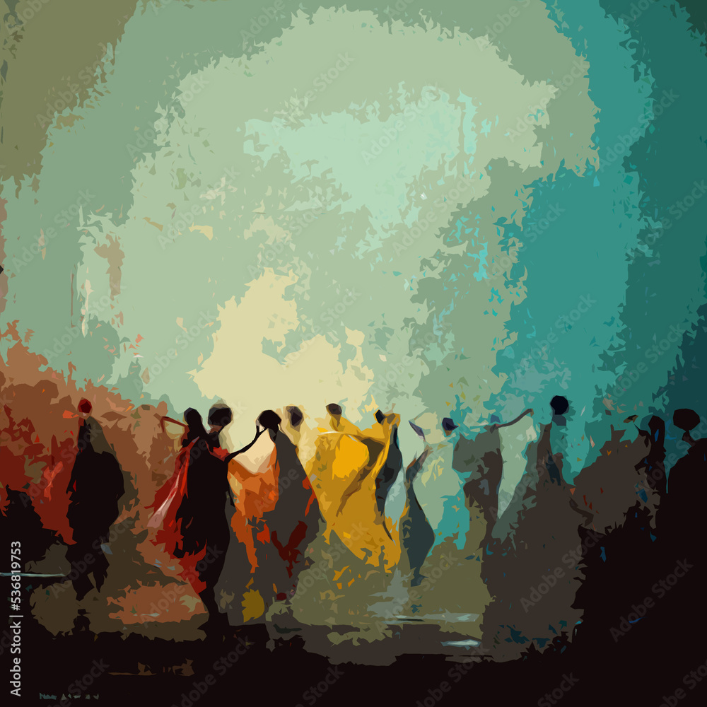 Dancing lines, a backlit stage, four dancers, mystic light, and dancing colours. Stock イラスト ...