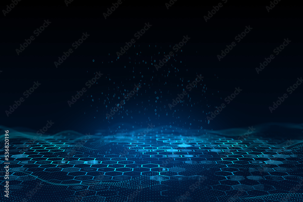 Creative blue hexagonal background with binary code. Technology, design ...