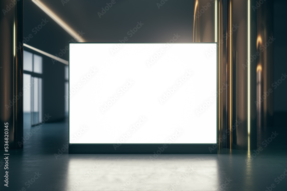 Front view on blank white illuminated big screen with space for your ...
