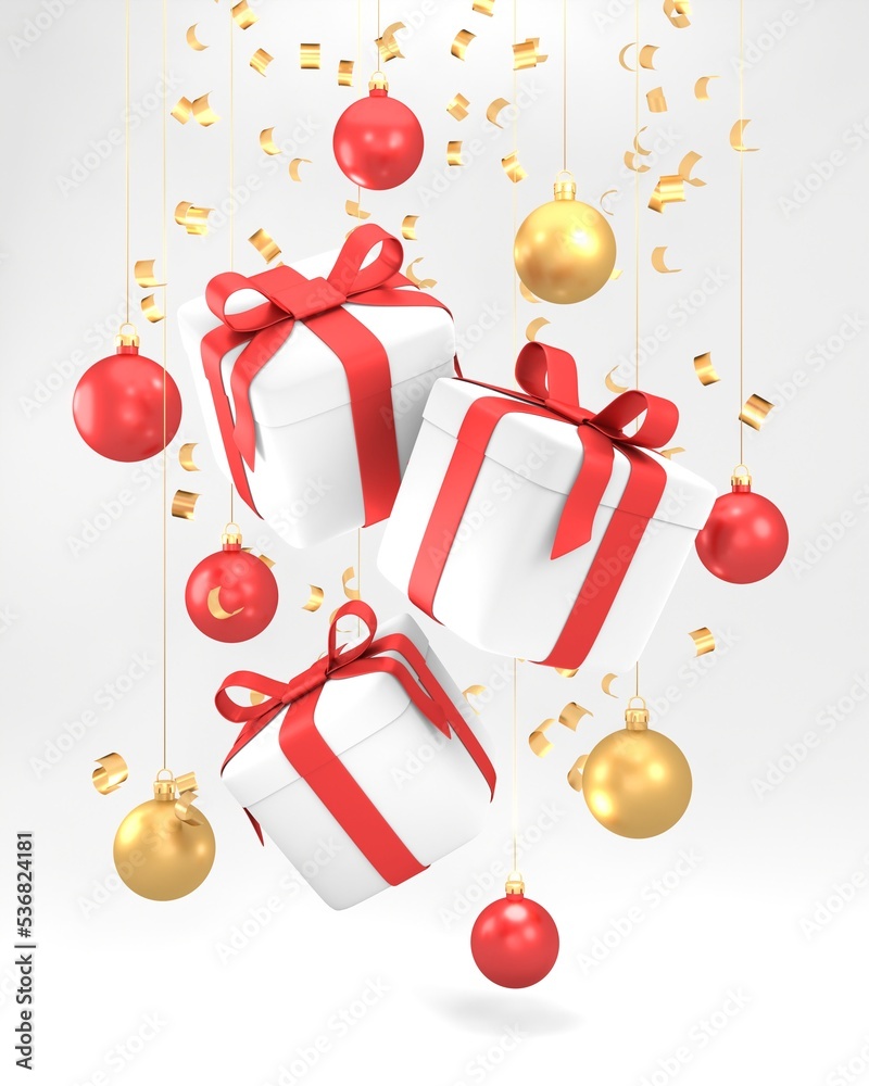 3d plastic falling gifts boxes with ribbon, bright bauble balls, golden ...