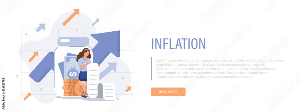 Inflation illustration banner. Characters buying food in supermarket ...