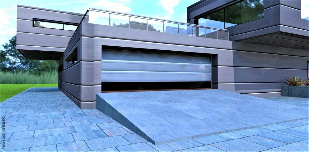 Concrete ramp to a garage with automatic aluminum sliding gates in a ...