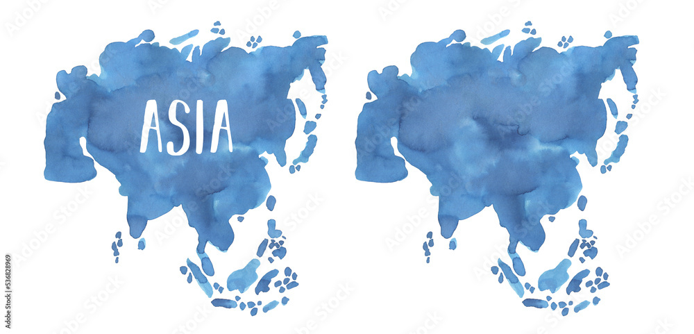 Watercolour illustration set of Asia Continent Map in two variation ...