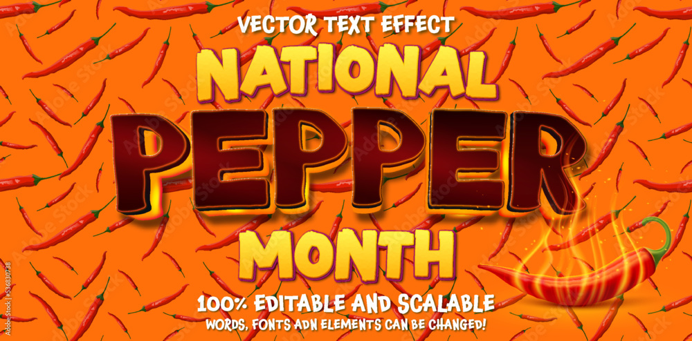 National Pepper Month text, chili 3d text style effect template ...