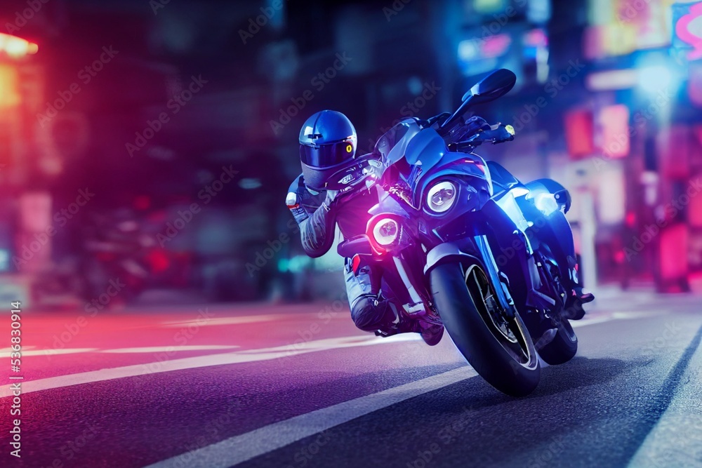 Futuristic biker on a retrowave sunset with a glitch and high-speed ...