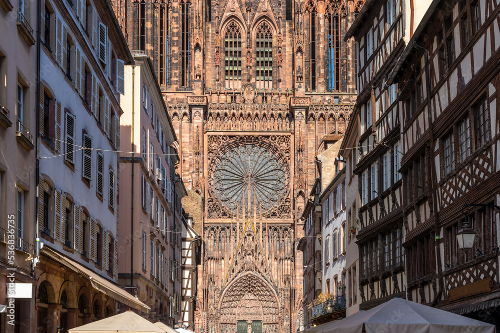 The Rose Window and west front facade of the Gothic Strasbourg ...