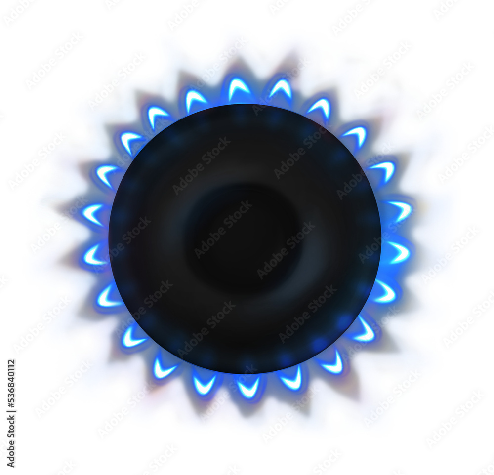 Gas burner with blue flame. Top view glowing fire ring on kitchen stove ...