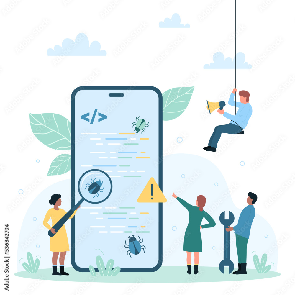 Bug report on phone screen, cyber security vector illustration. Cartoon ...