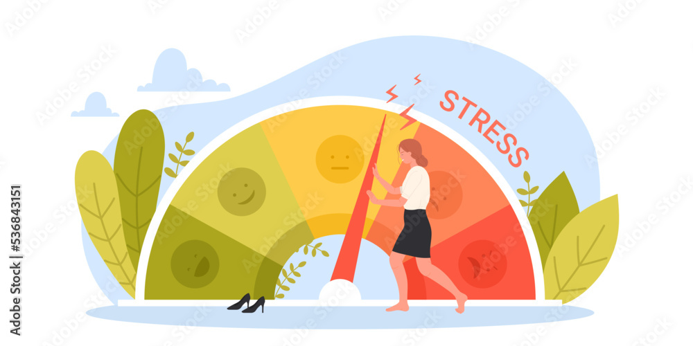 Stress level, mood and emotions scale vector illustration. Cartoon tiny ...