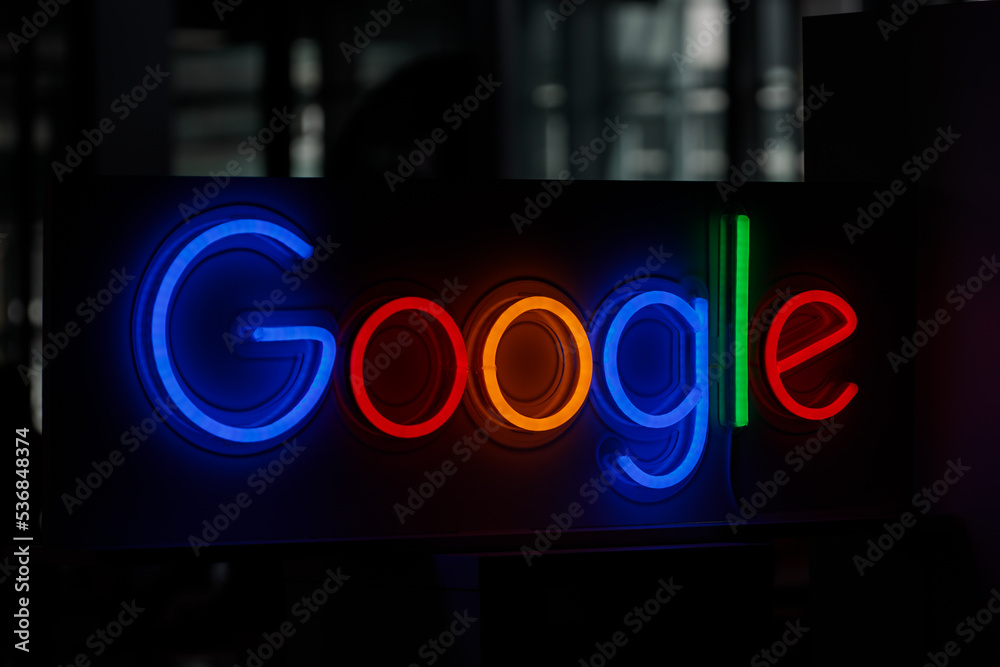 Poland, Poznan - October 09, 2022: Google's neon logo at the trade show ...