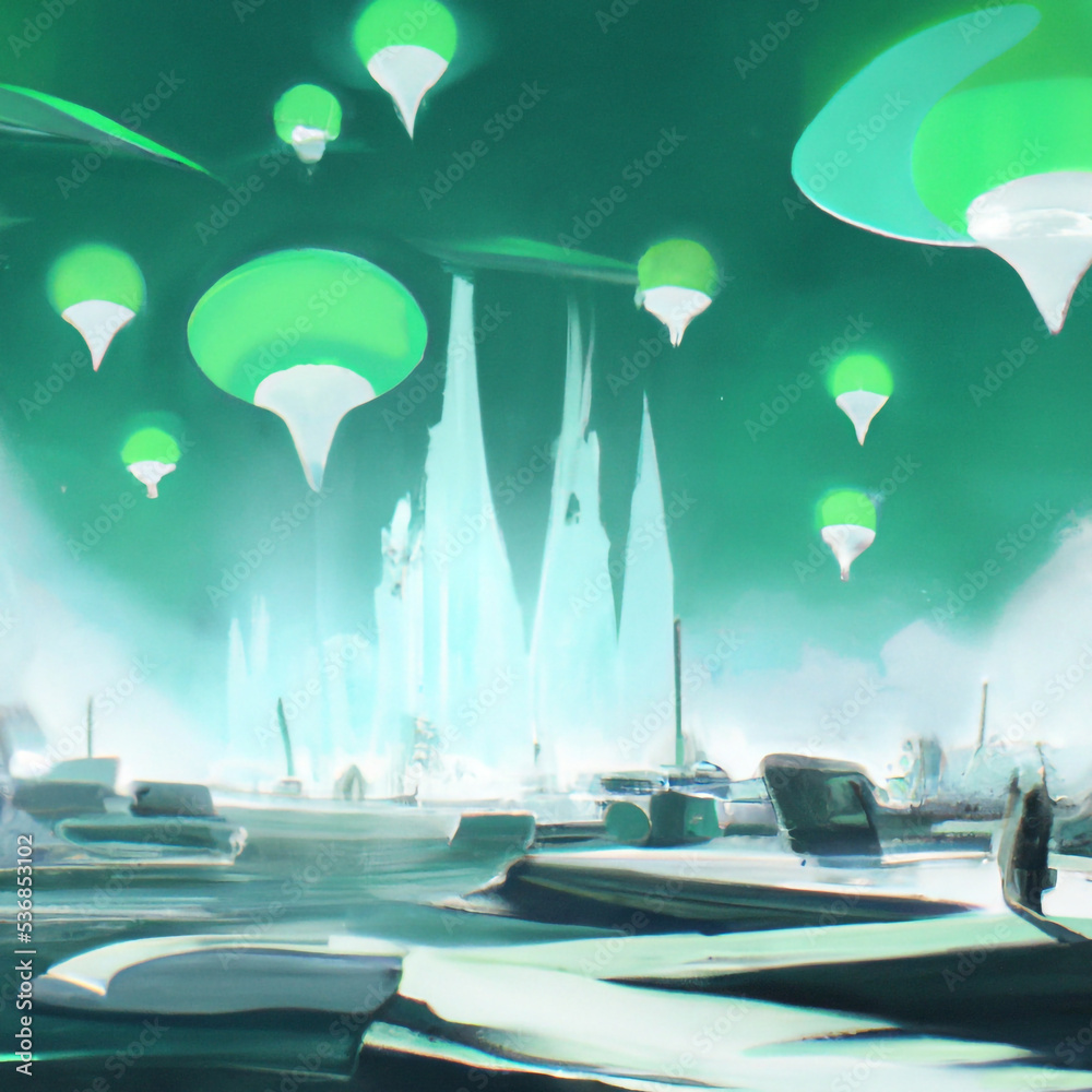 Futuristic surrealist landscapes of colorful cityscapes and alien ...