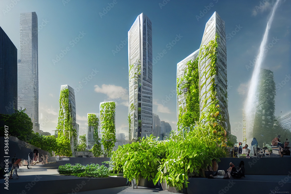 A futuristic eco metropolis city. Skyscrapers with sustainable ...