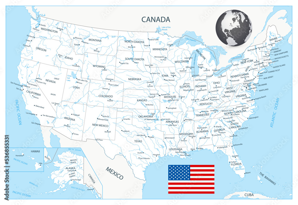 Detailed white map of USA with cities and towns Stock Vector | Adobe Stock