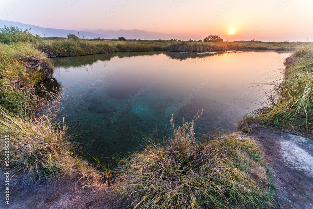 Pond blue in the sunrise "Cuatro Cienegas" Natural National Park in the ...
