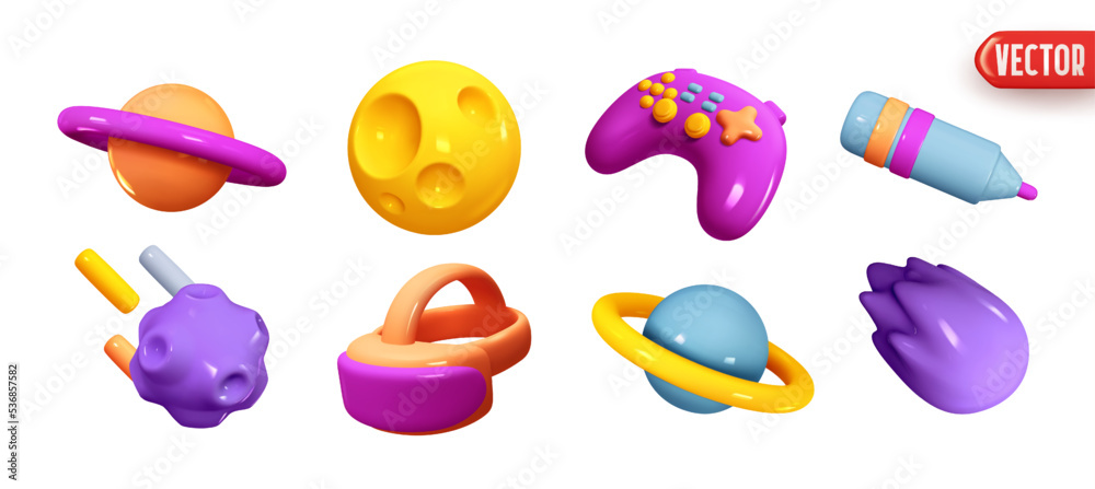Set realistic 3d objects in cartoon style. Game joystick, gamepad ...