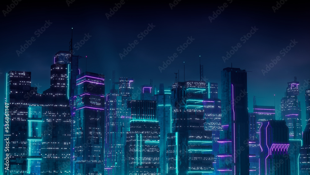 Sci-fi Metropolis with Purple and Cyan Neon lights. Night scene with ...