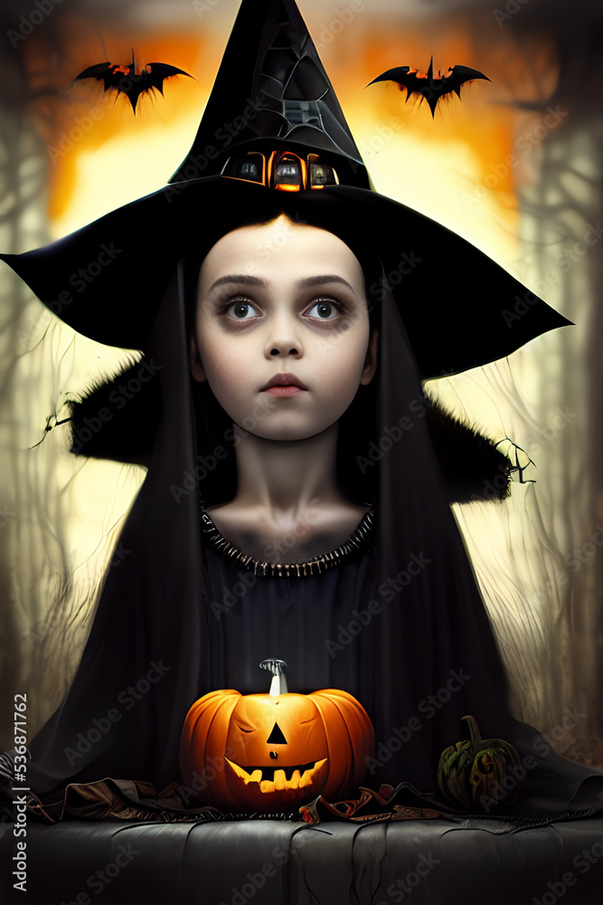 Portrait of a young Halloween witch with a pointy hat in surreal and ...