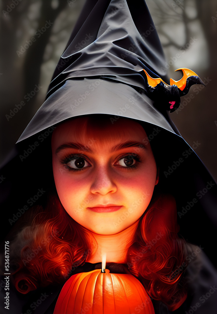 Portrait of a young Halloween witch with a pointy hat in surreal and ...