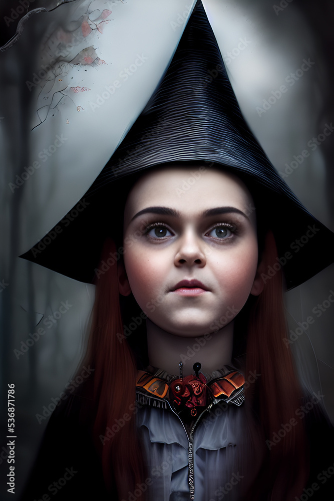 Portrait of a young Halloween witch with a pointy hat in surreal and ...