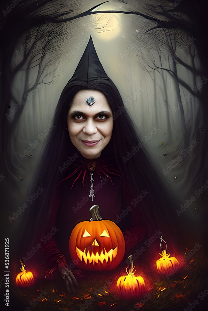 Evil witch in eerie surrounding. Horror Halloween fantasy. Custom ...