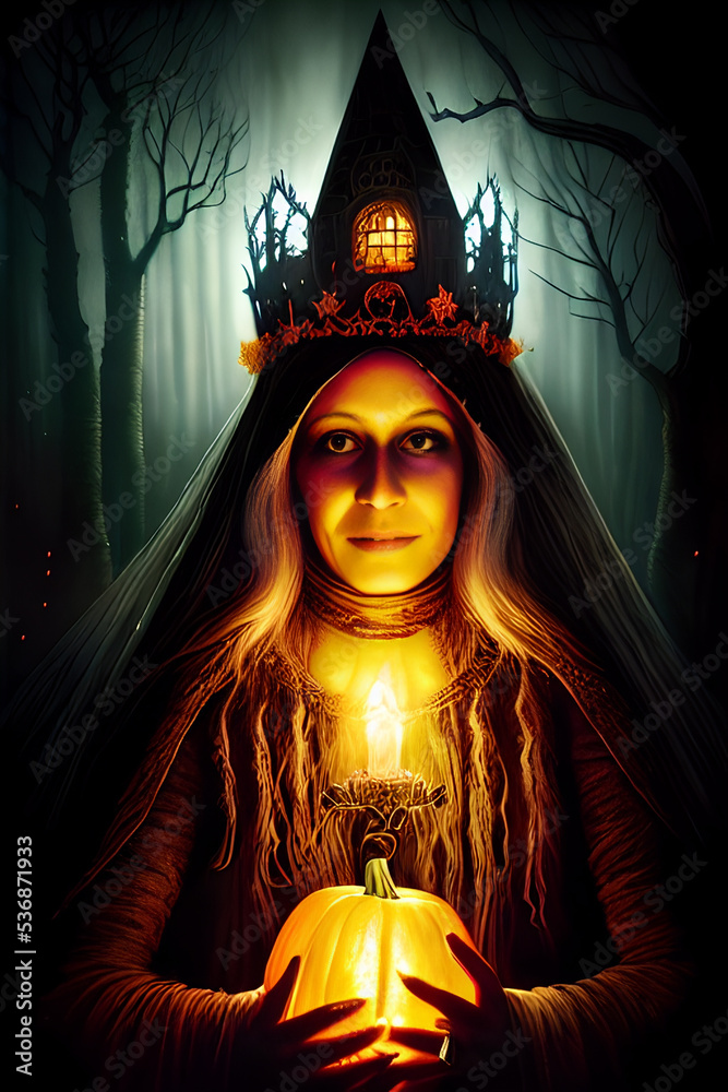 Evil witch in eerie surrounding. Horror Halloween fantasy. Custom ...