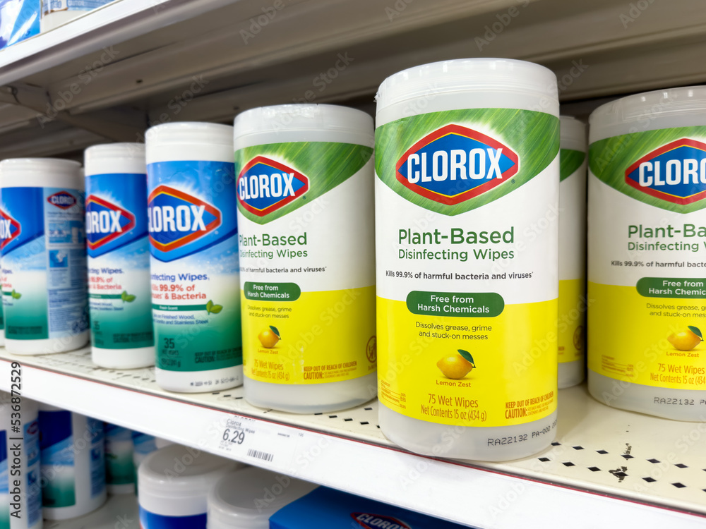 CLOROX plant-based disinfecting wipes product on display shelf. Clorox ...
