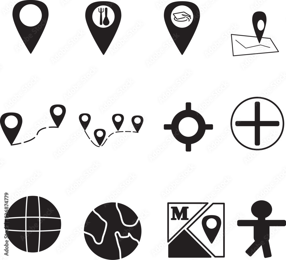 icon set pack vector hd 2d black and white map with various icon ...