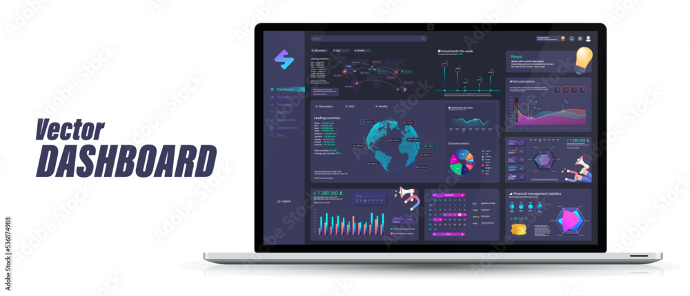 Laptop with dashboard mockup. Admin panel with graphic, charts ...