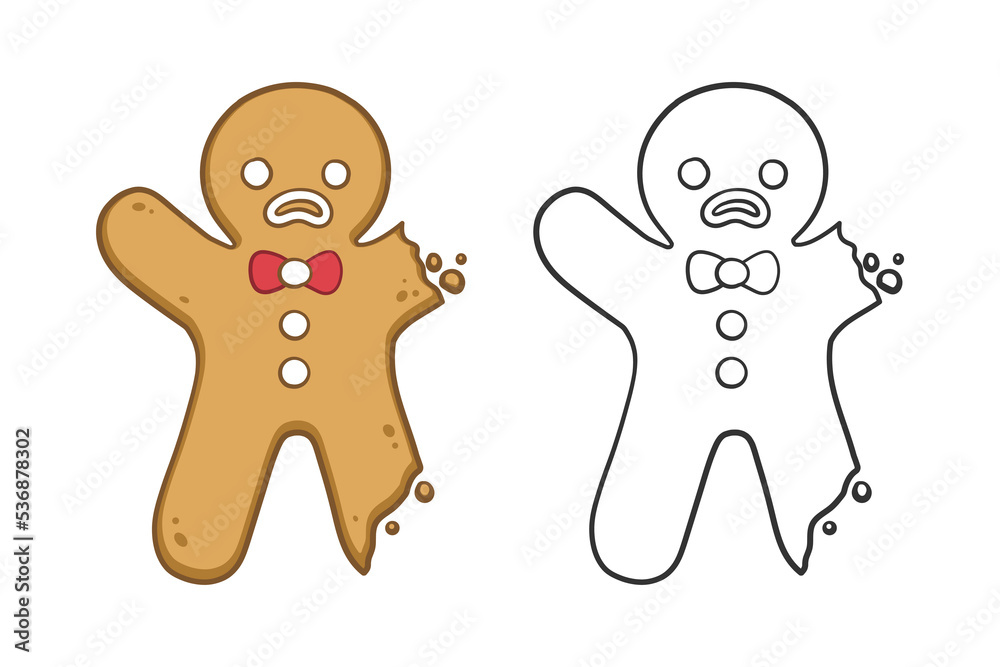 Gingerbread man cookie with bite outline and colored doodle cartoon ...