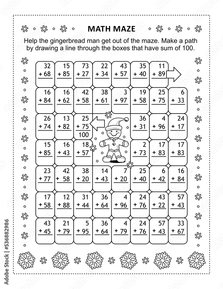 Math maze and coloring page with gingerbread man cookie: Make a path by ...