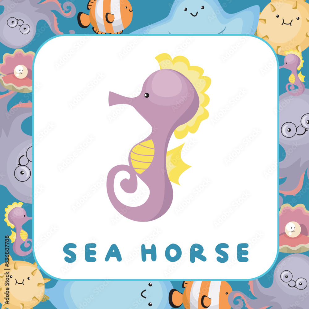 Vetor de Sea animal flashcards for kids. Introducing the sea animals to ...