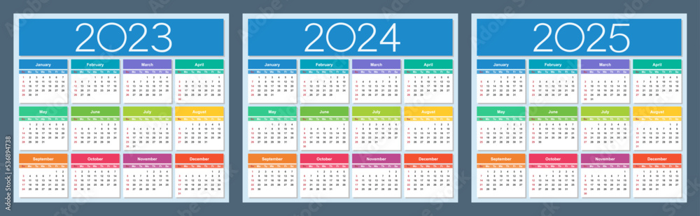 Colorful calendar for 2023, 2024 and 2025 years. Week starts on Sunday ...