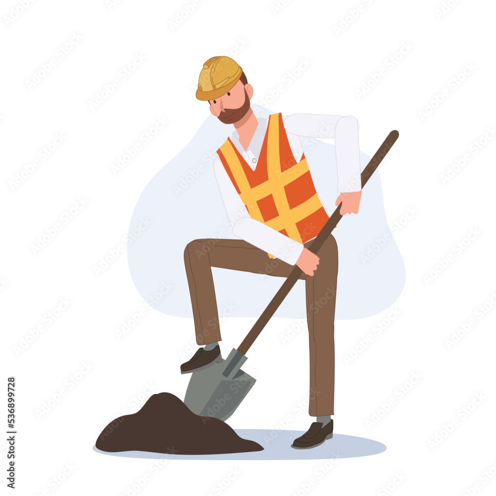 man in costume and helmet of builder working with shovel is digging ...